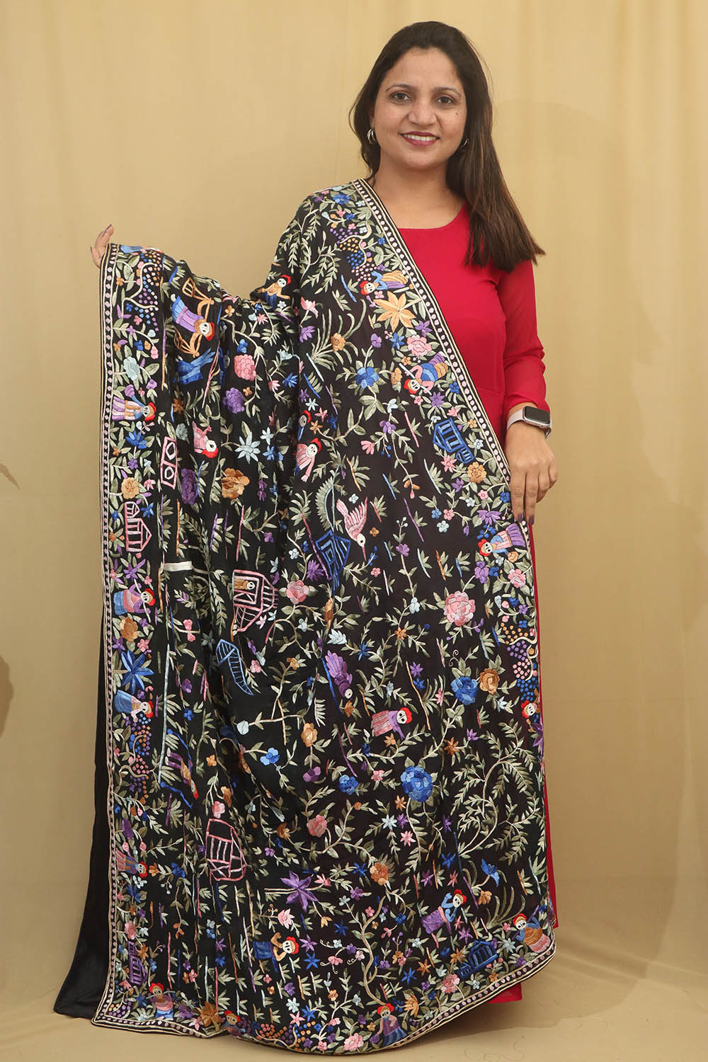 Black Parsi Hand Embroidered Georgette Dupatta
