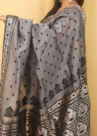 Grey Handloom Assami Pat Silk Saree - Luxurionworld