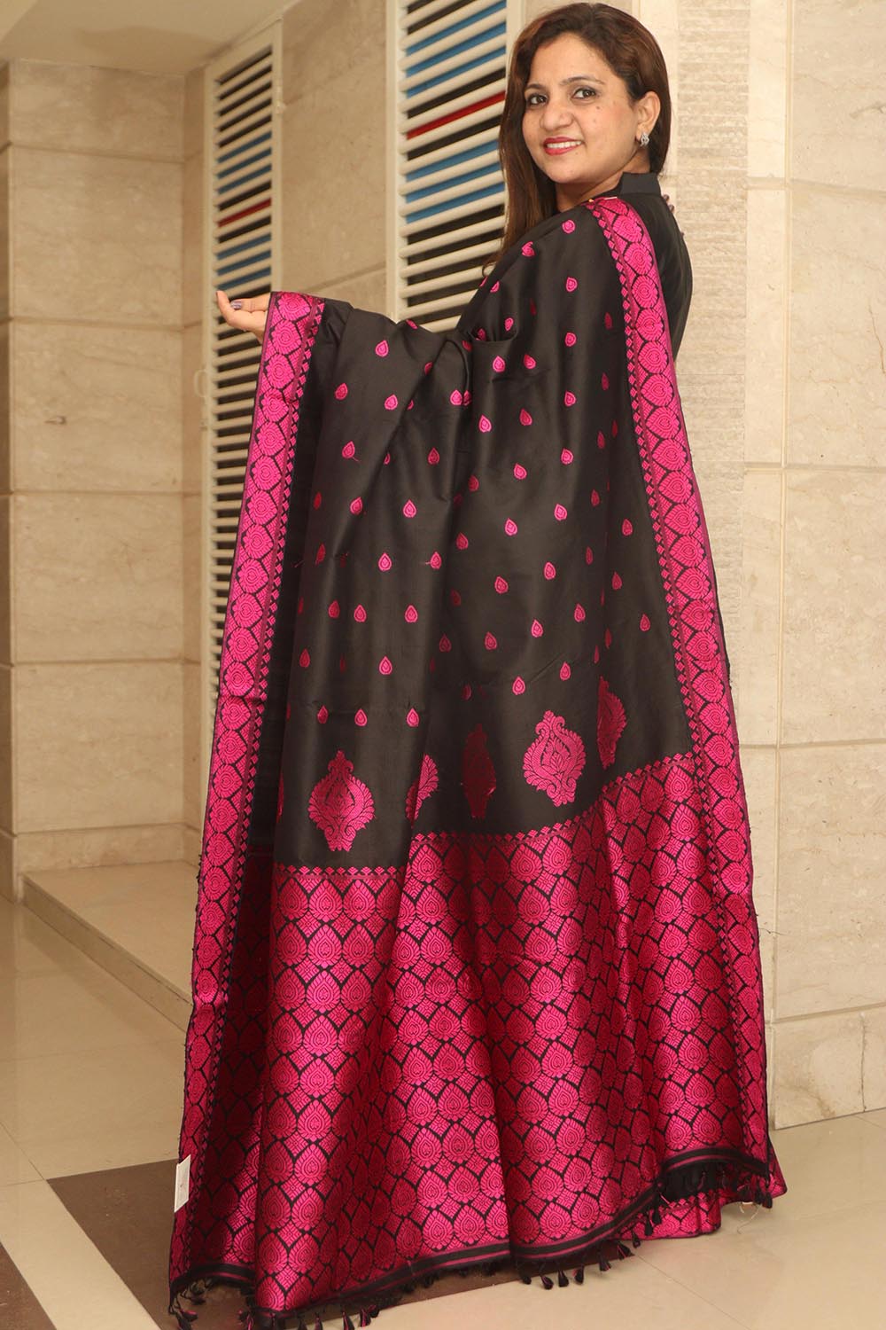 Stunning Black & Pink Assami Pat Silk Saree