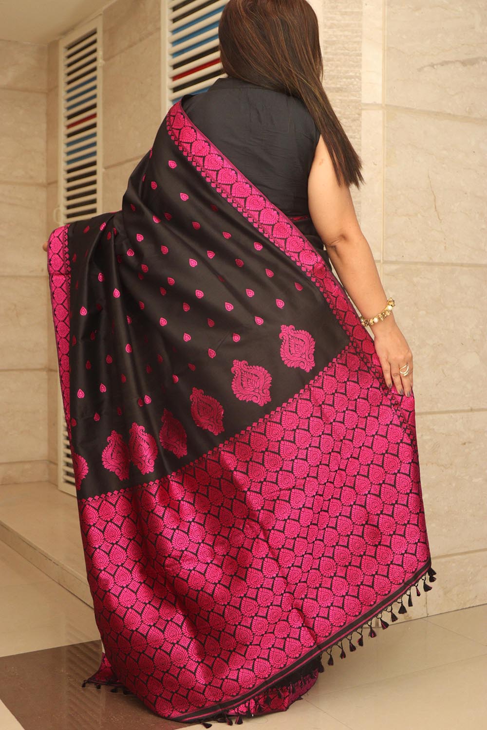 Stunning Black & Pink Assami Pat Silk Saree