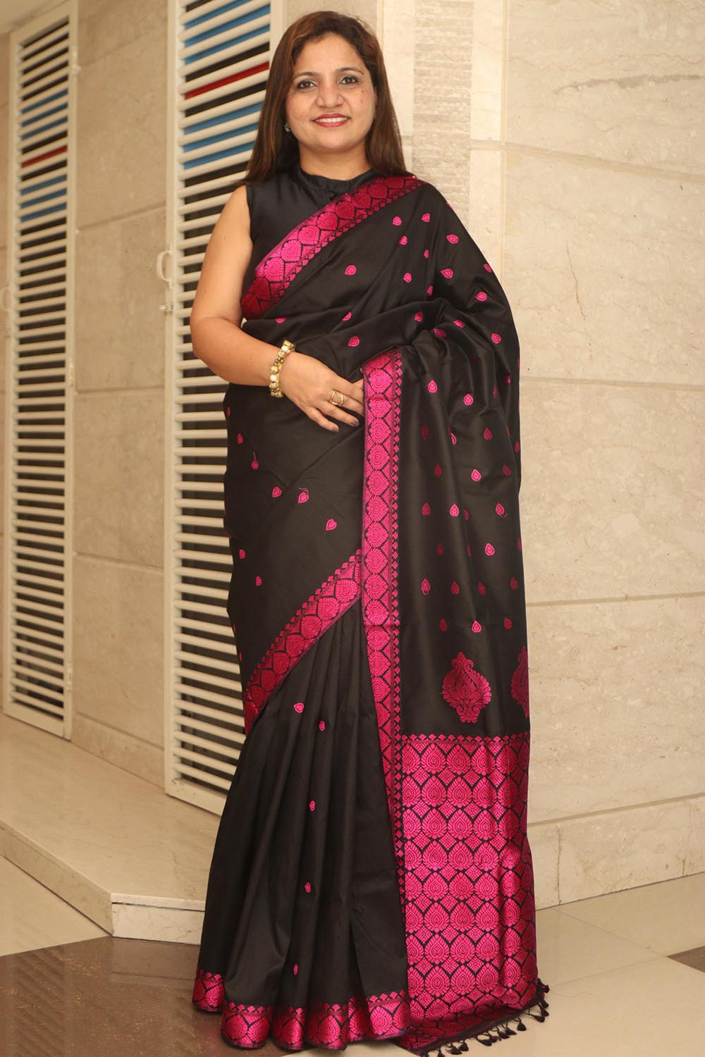 Stunning Black & Pink Assami Pat Silk Saree