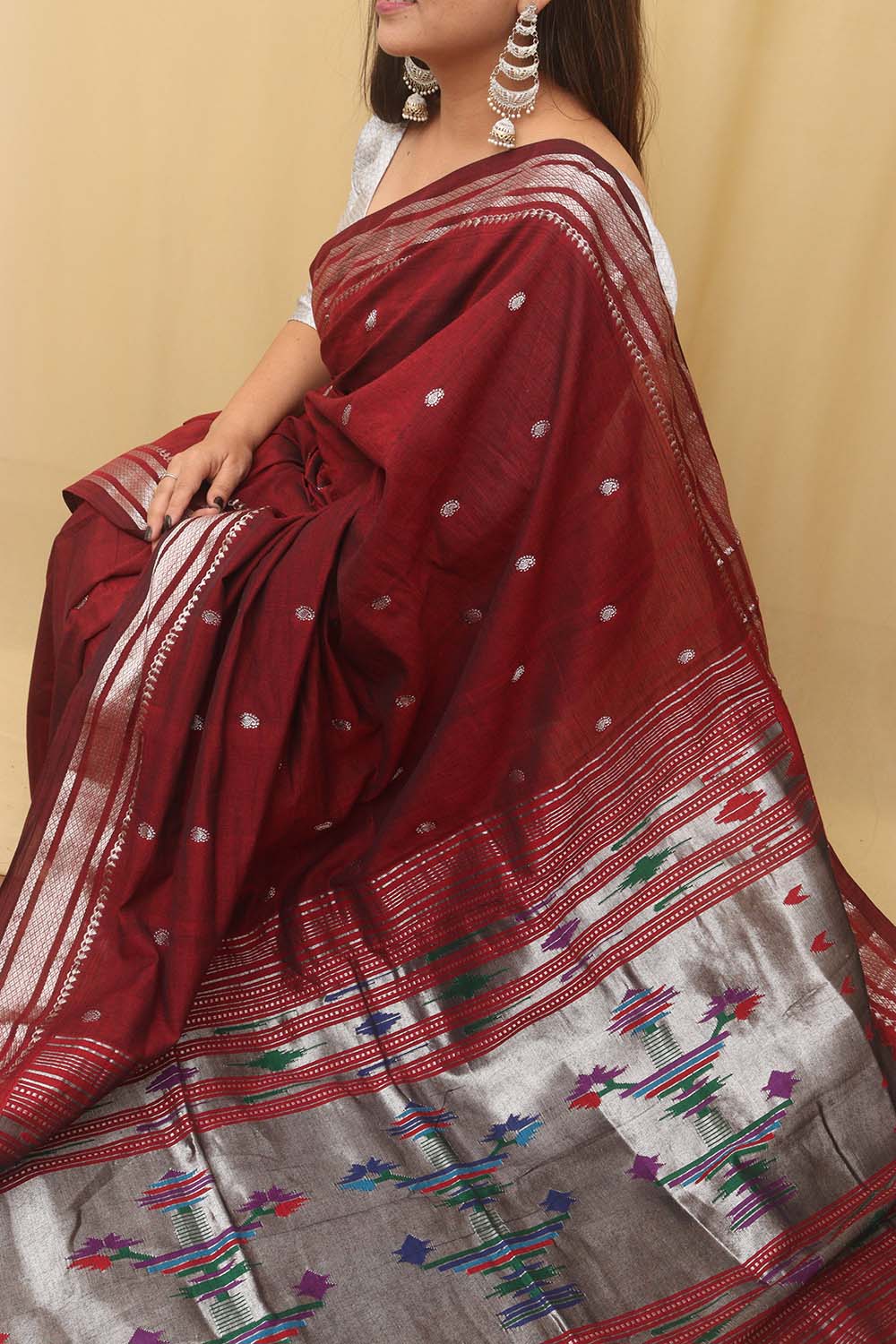 Stunning Maroon Paithani Handloom Cotton Saree - Shop Now!