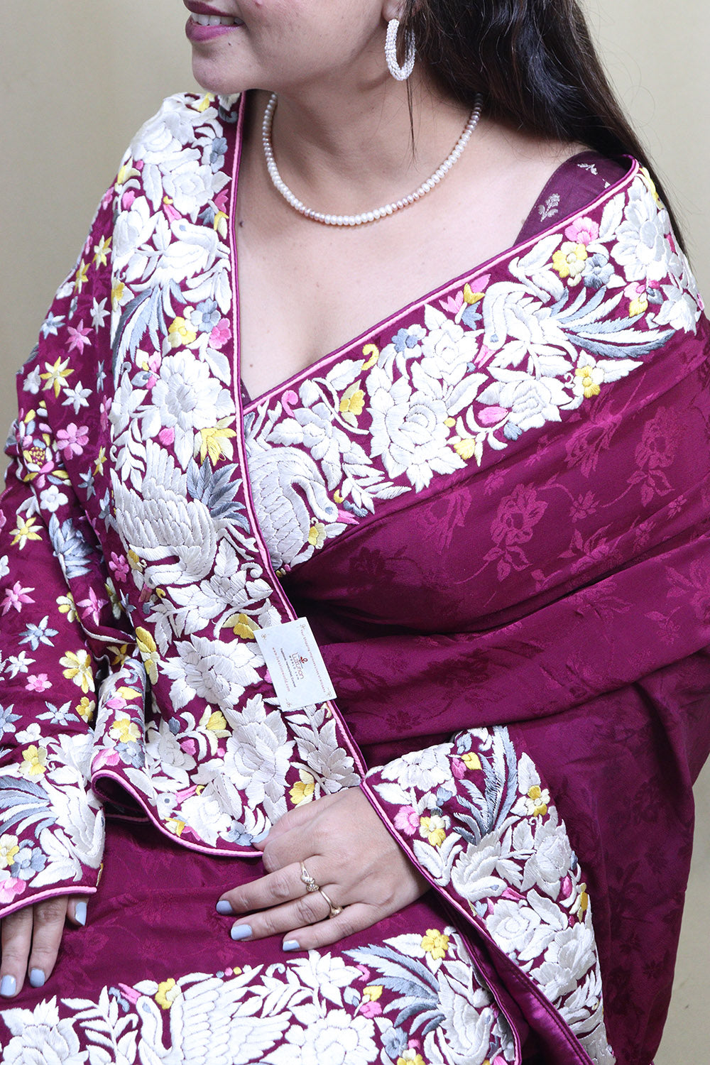 Exquisite Purple Parsi Gara Crepe Saree