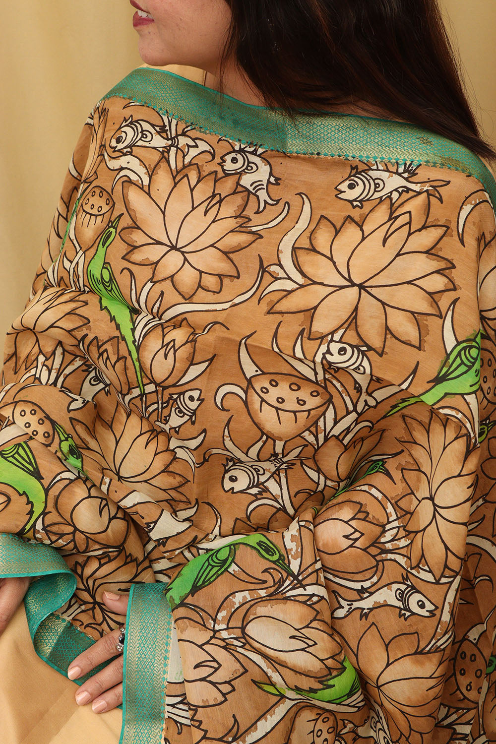 Exquisite Golden Kalamkari Hand Painted Pure Bangalore Silk Dupatta