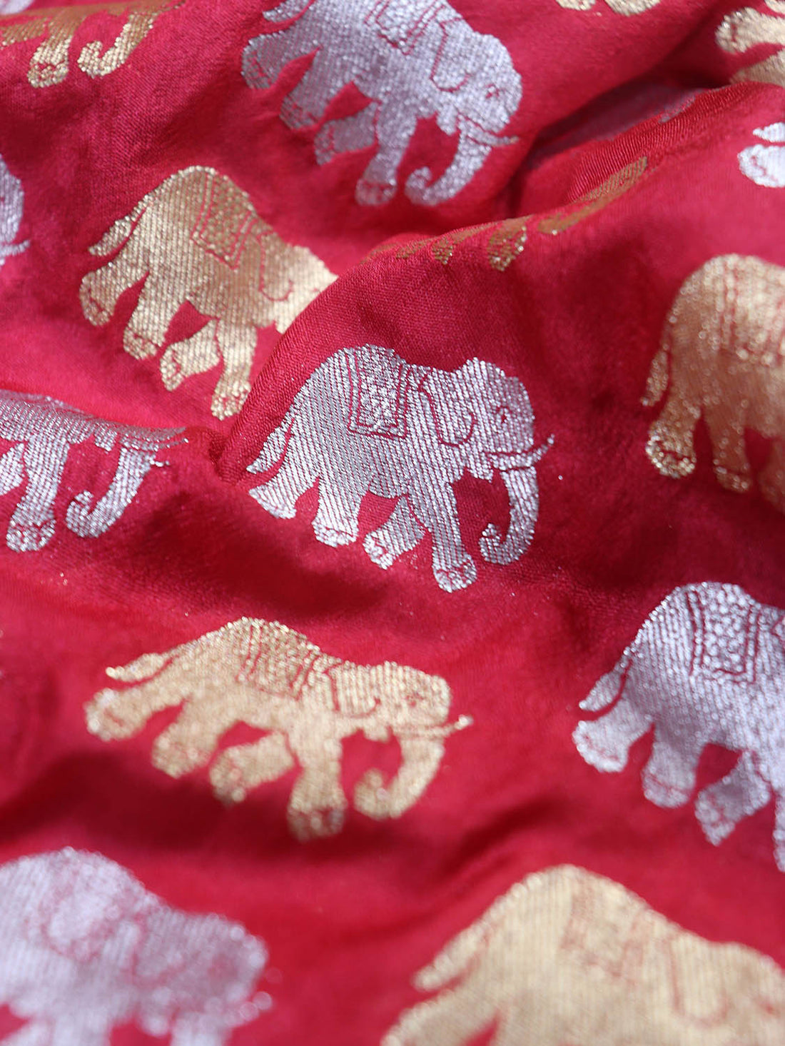 Elephant Design Banarasi Silk Fabric in Reddish Pink - 1 Mtr