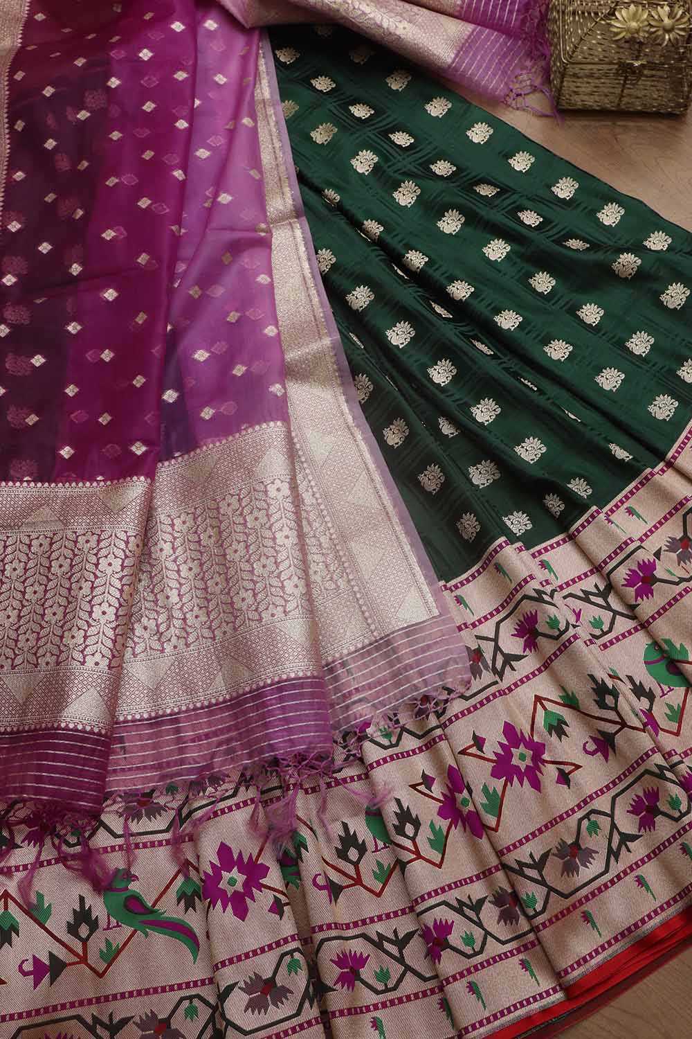 Green Banarasi Silk Lehenga - Big Border, Organza Dupatta