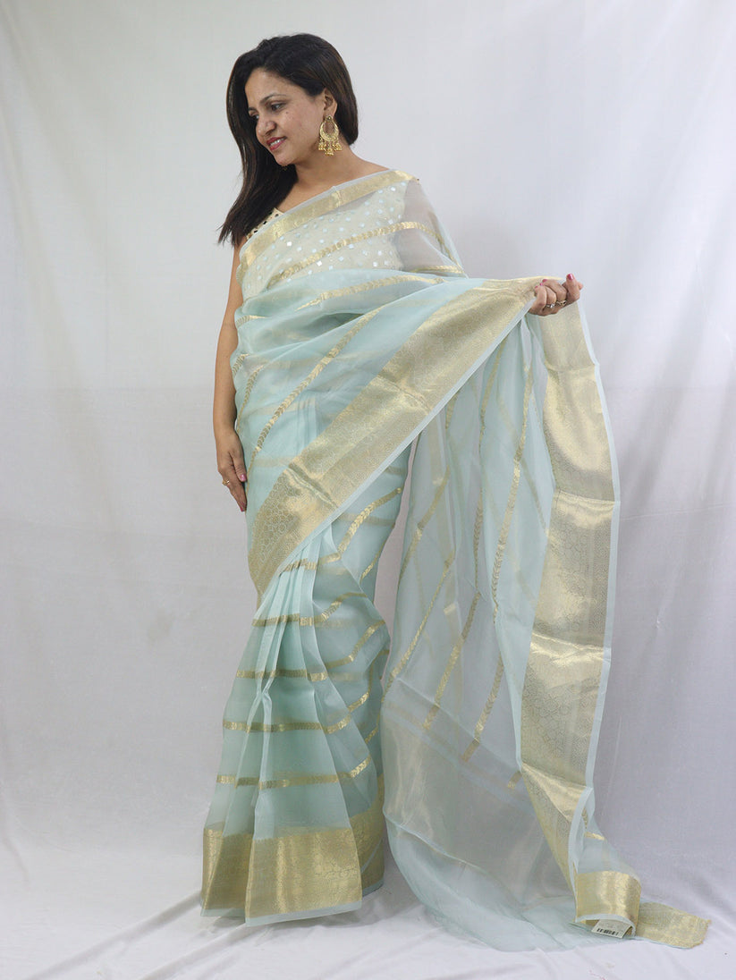 Stunning Blue Handloom Banarasi Kora Silk Saree with Stripes Design