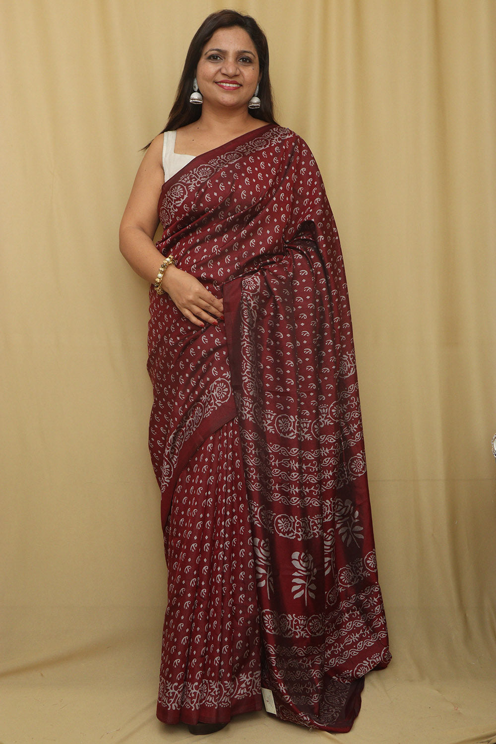 Stunning Maroon Block Printed Saree