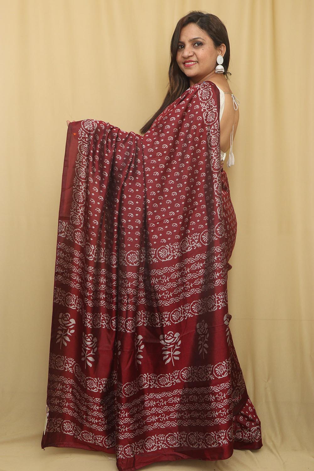 Stunning Maroon Block Printed Saree