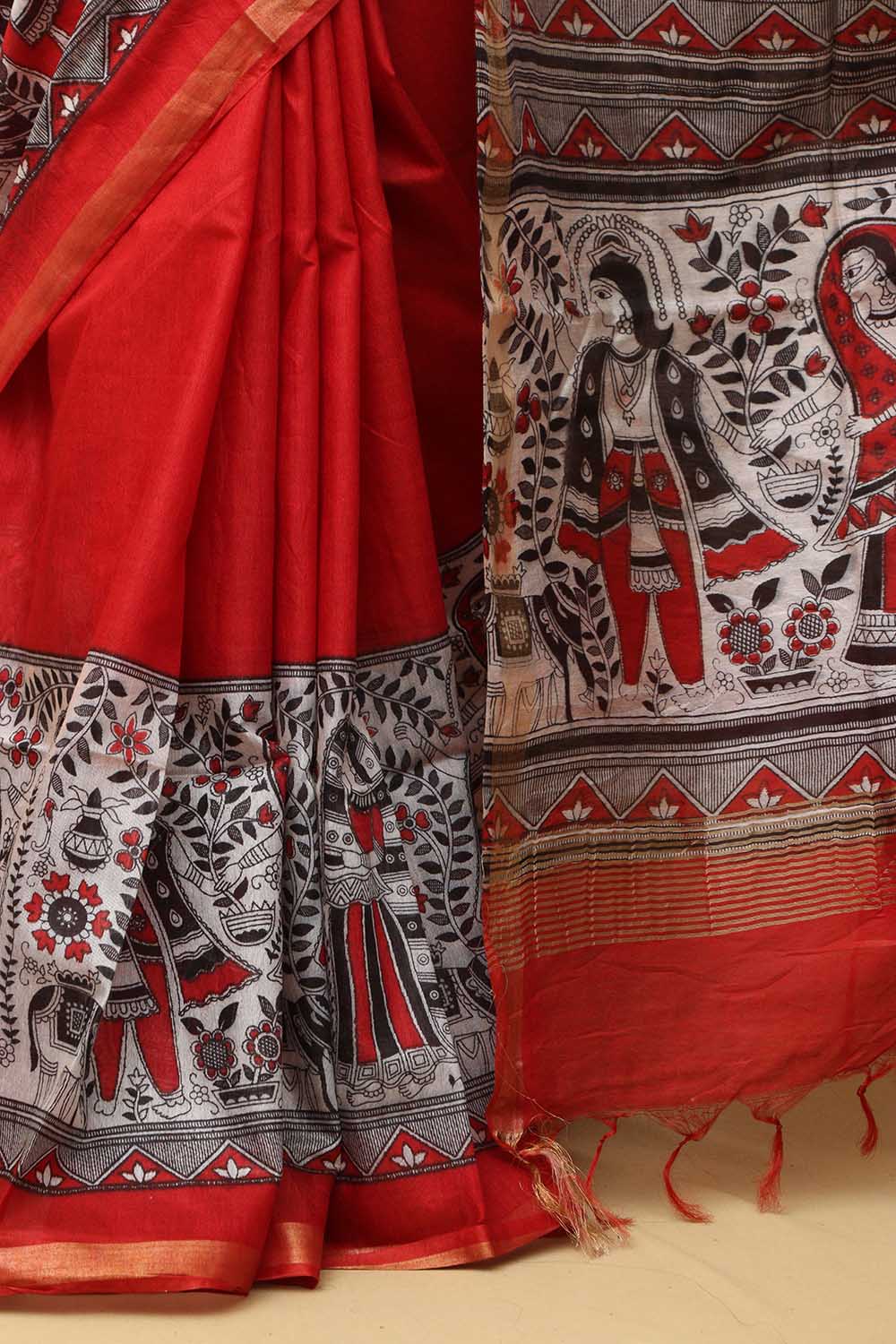 Vibrant Red Madhubani Cotton Silk Saree with Digital Print