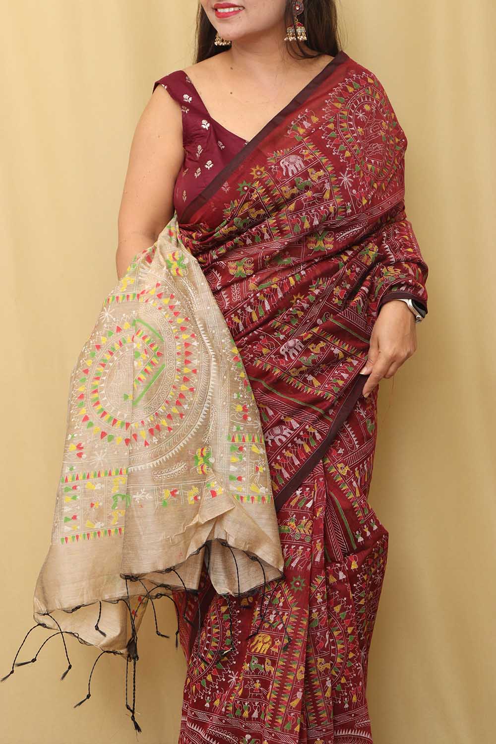Stunning Maroon Madhubani Saree - 20% Off!