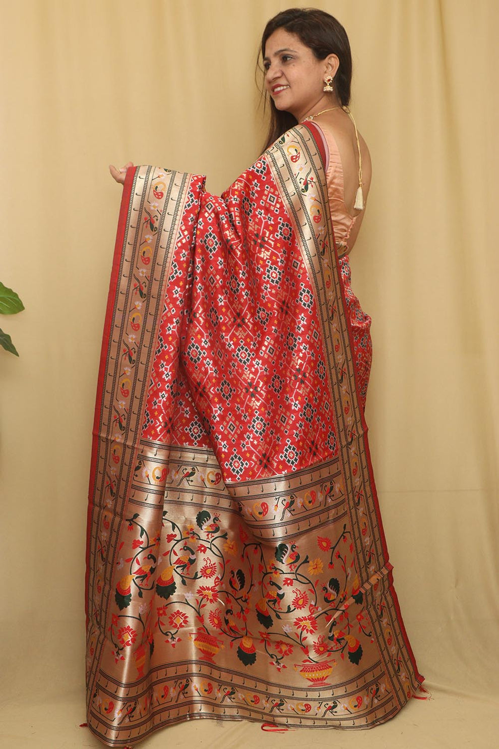 Stunning Red Paithani Patola Silk Saree with Bird Design