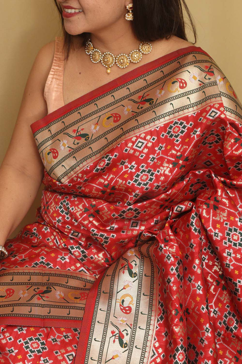 Stunning Red Paithani Patola Silk Saree with Bird Design
