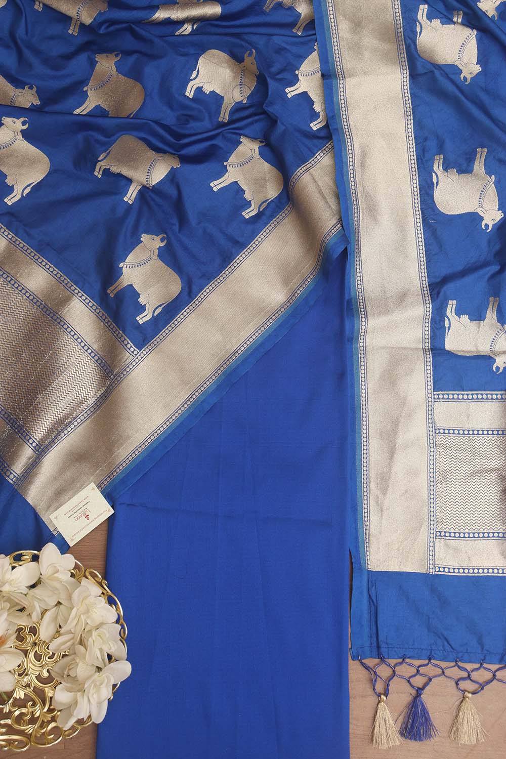 Get 20% Off on Blue Plain Silk Suit with Banarasi Silk Cow Design Dupatta