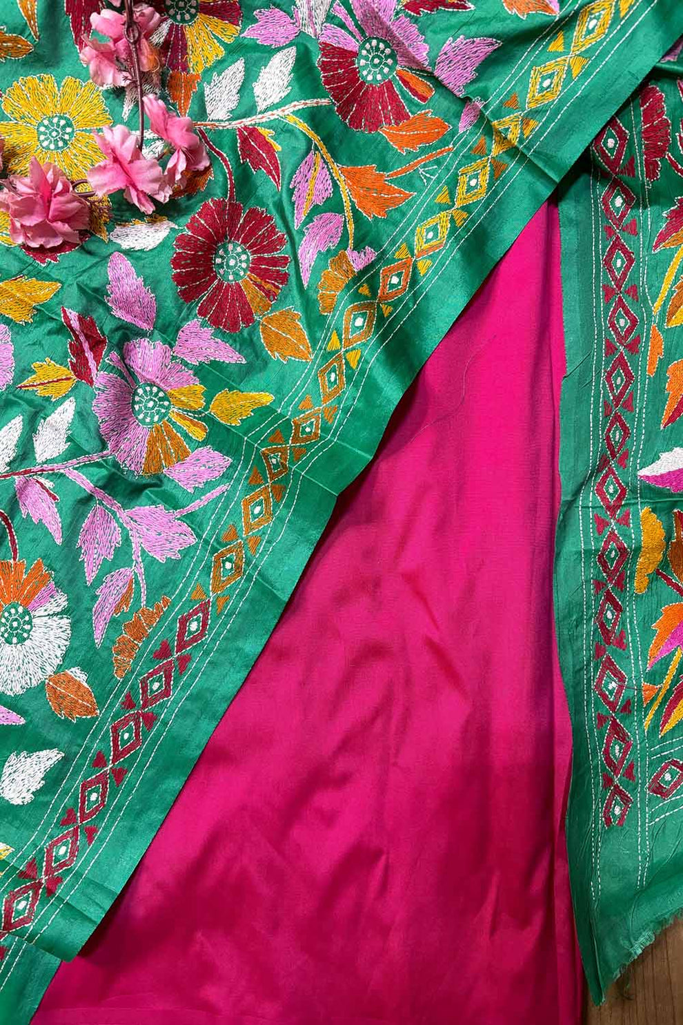 Pink Plain Silk Suit With Green Hand Embroidered Flower Design Kantha