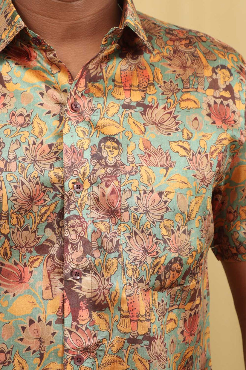 Vibrant Kalamkari Tussar Silk Shirt with Multicolor Digital Print
