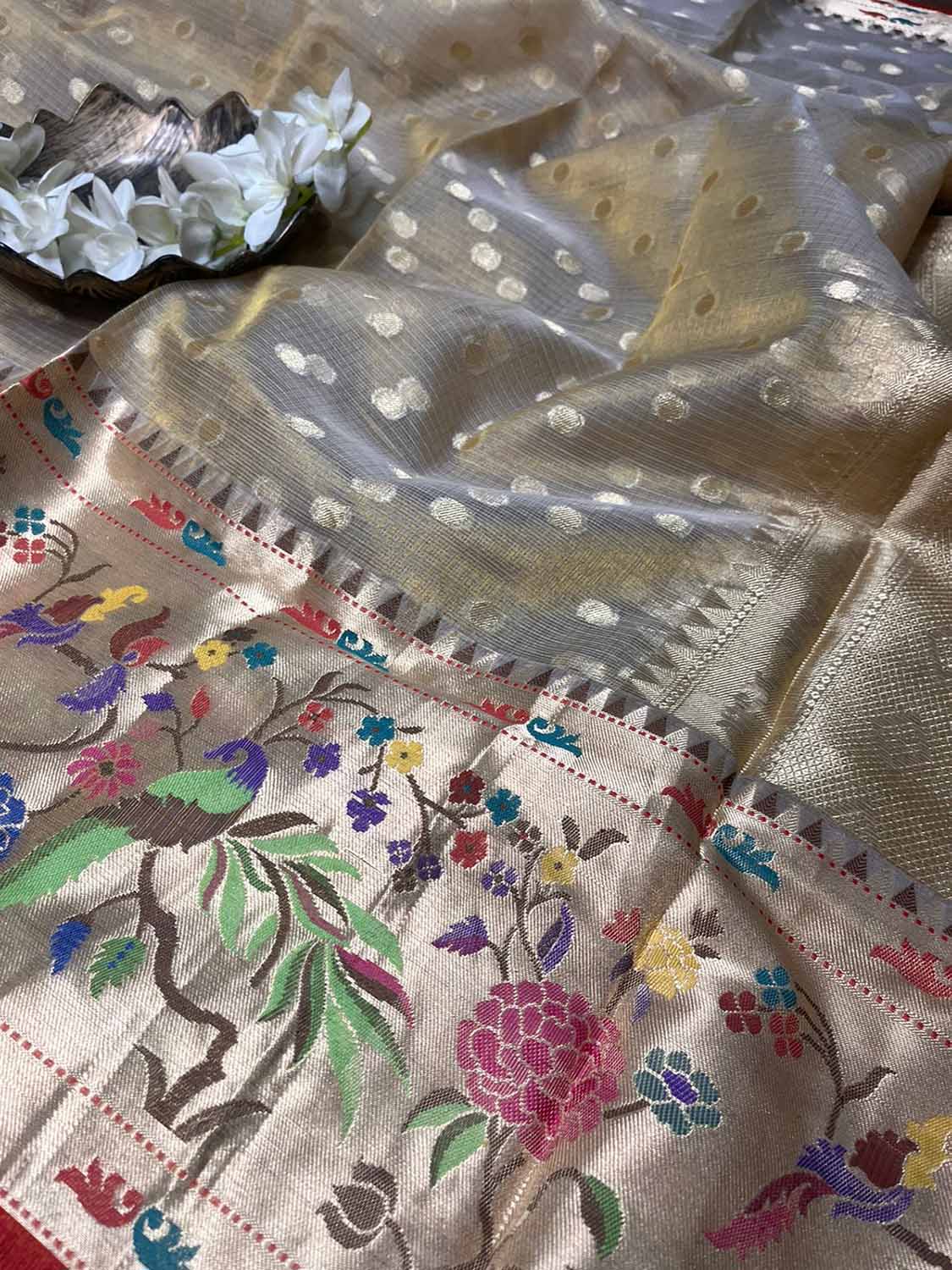Elegant Pastel Banarasi Kota Tissue Paithani Border Dupatta