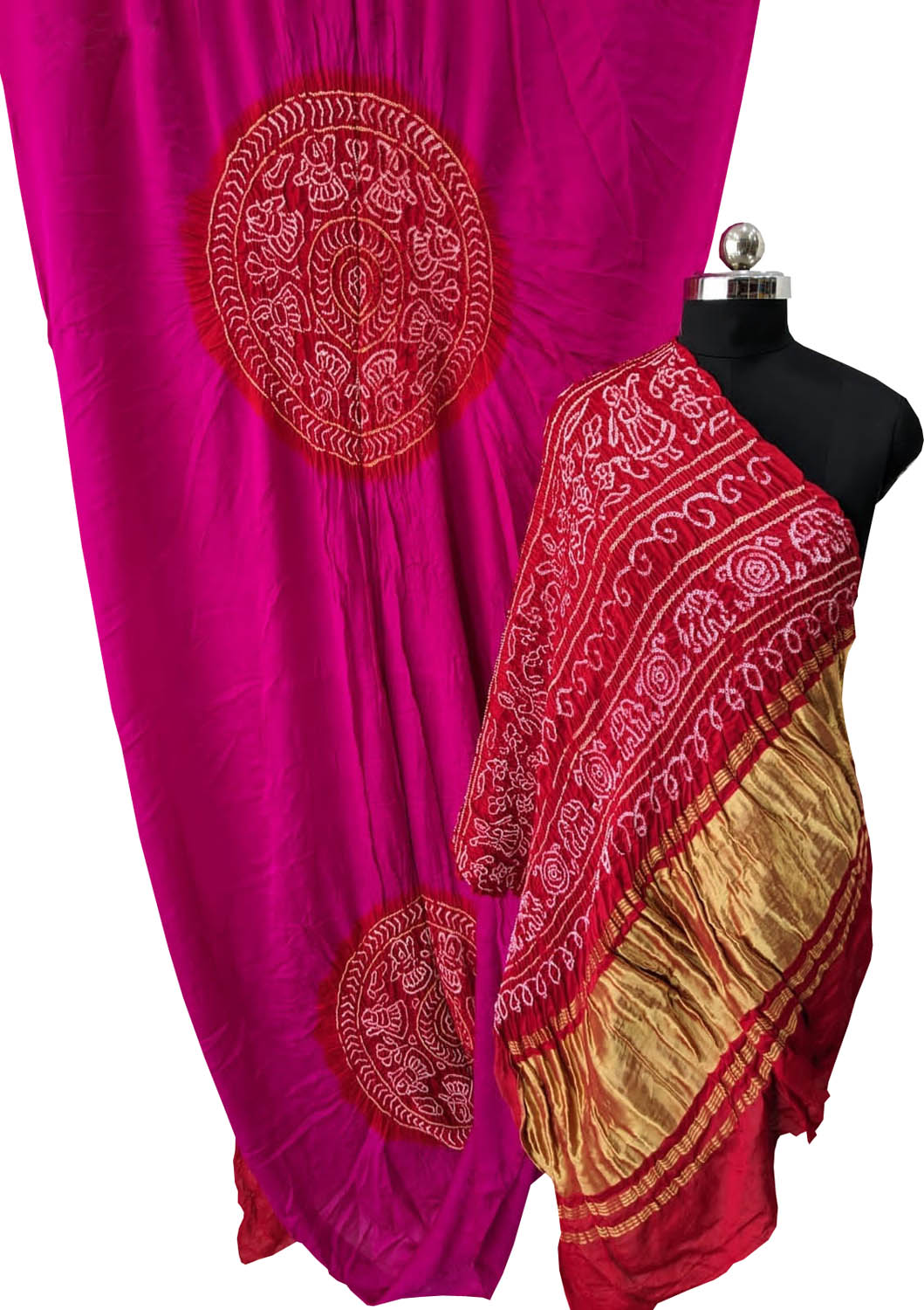 Handcrafted Red & Pink Bandhani Silk Saree