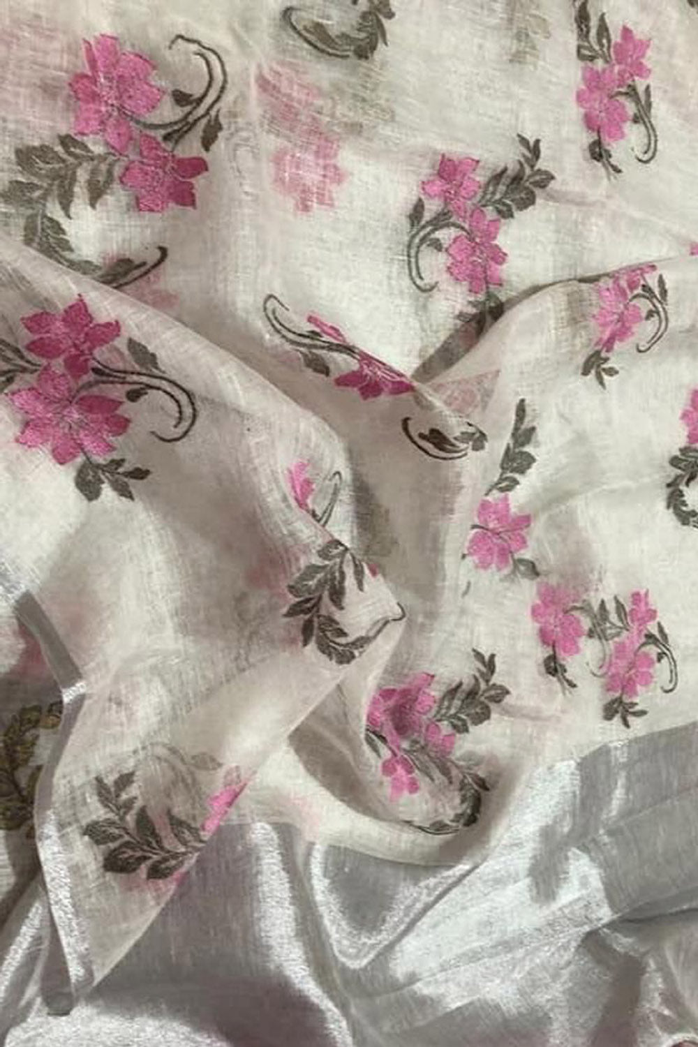Off White Linen Saree - Elegant Embroidered Design