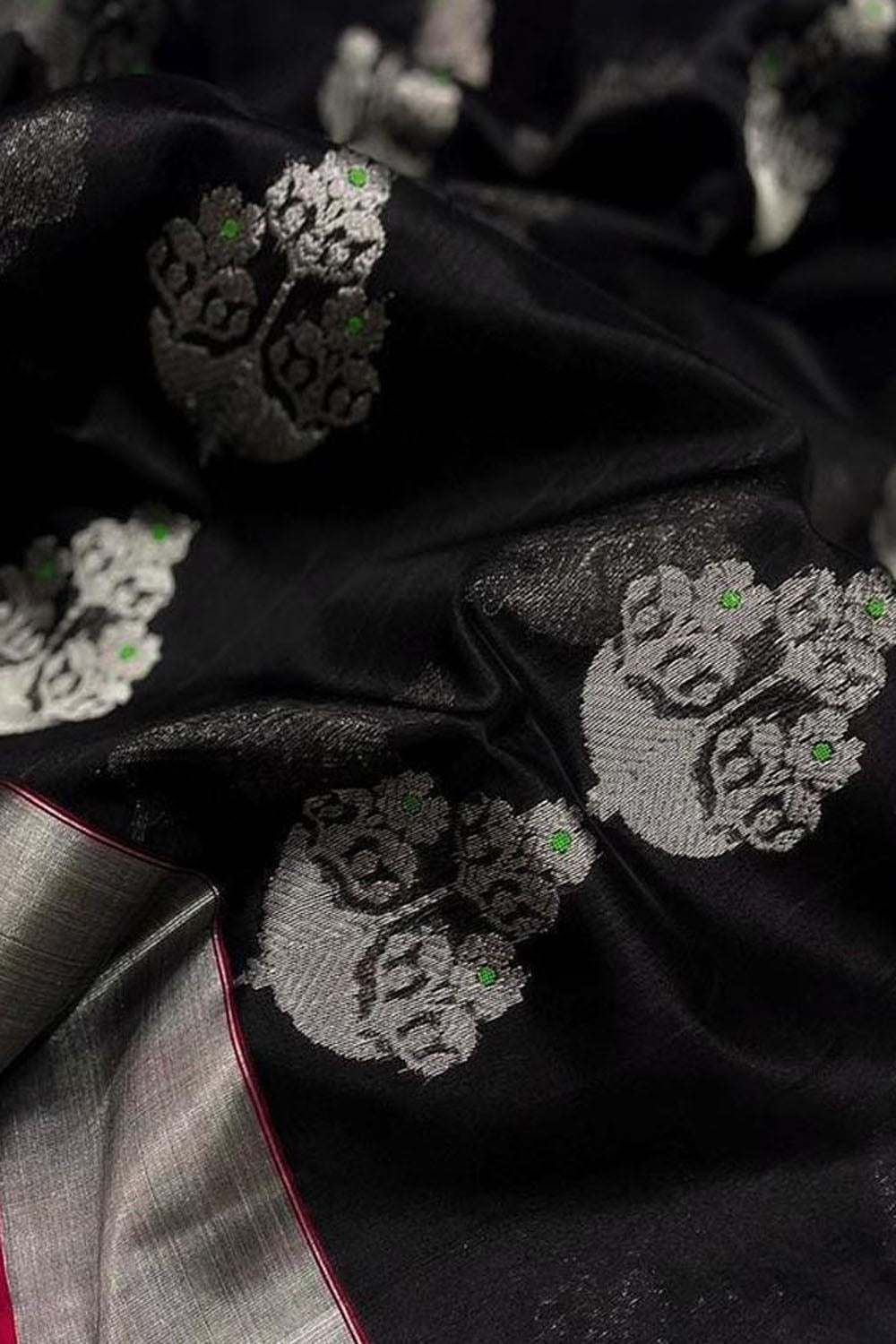 Black Chanderi Silk Saree - Handloom Pure Silk