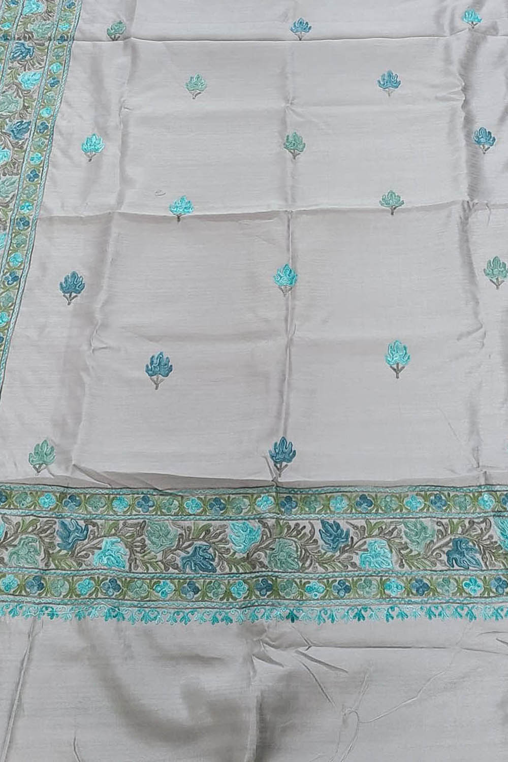 Grey Hand Embroidered Kashmiri Silk Saree