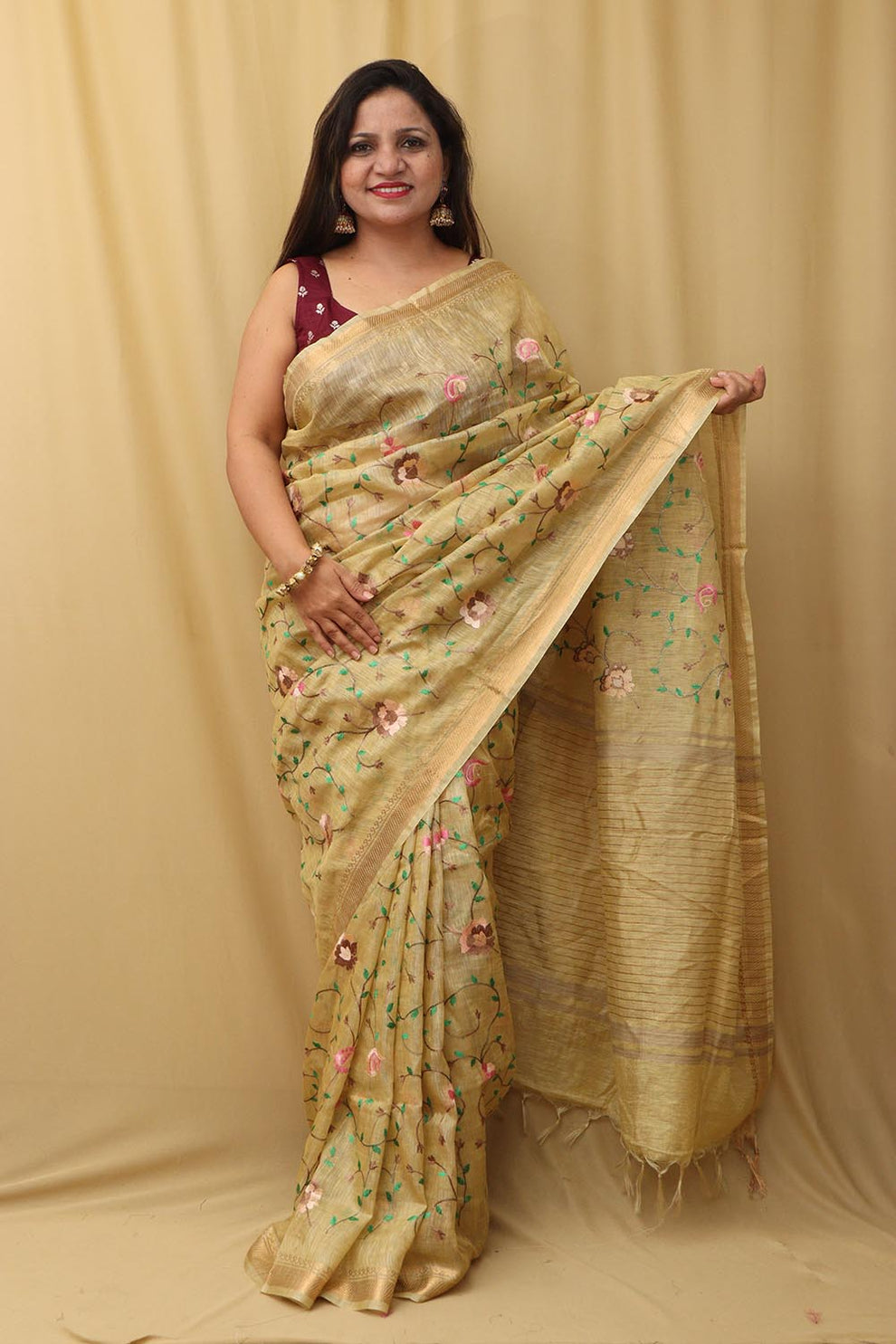 Pastel Linen Silk Embroidered Saree - Luxurionworld