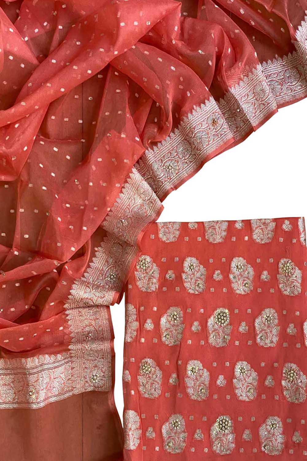 Orange Banarasi Chiffon Suit - Zardozi Work