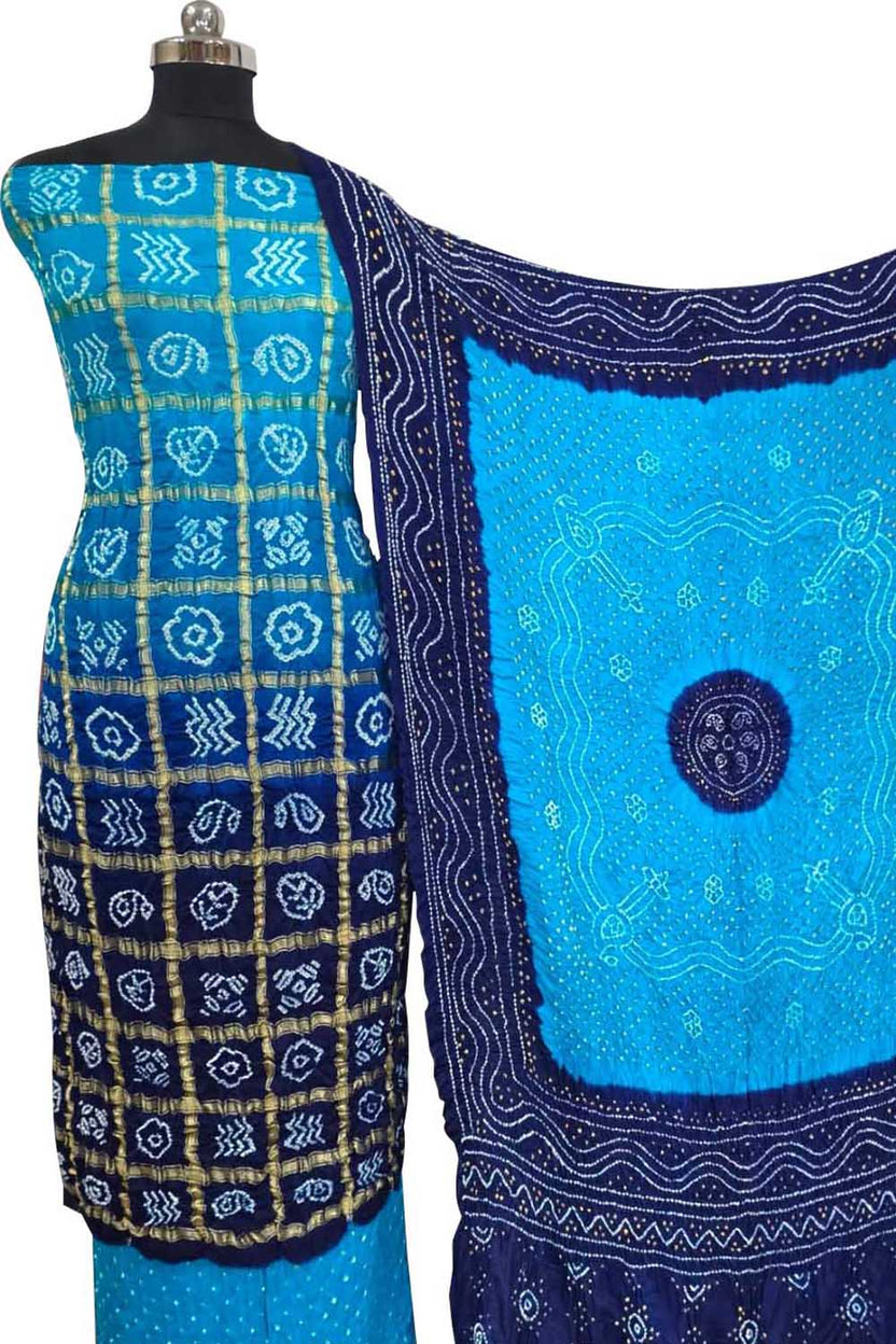 Blue Bandhani Gajji Silk Unstitched Suit — Indigo Tie-Dye Artistry, Fe ...