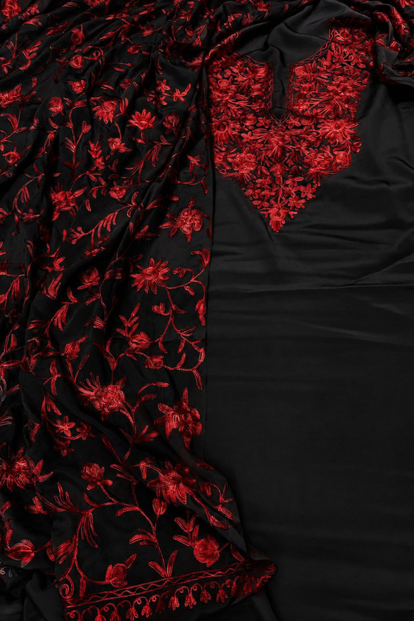 Black & Red Kashmiri Aari Work Crepe Suit | 3 Piece Unstitched, Hand ...