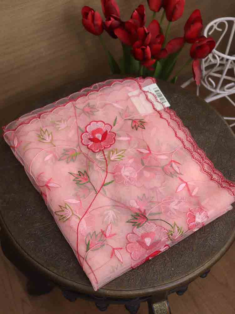 Pink Embroidered Parsi Convent Work Net Flower Design Dupatta ...