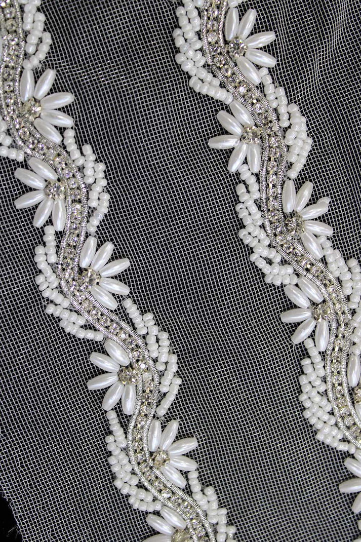 Get 20% Off on White Embellished Stone and Pearl Work Lace