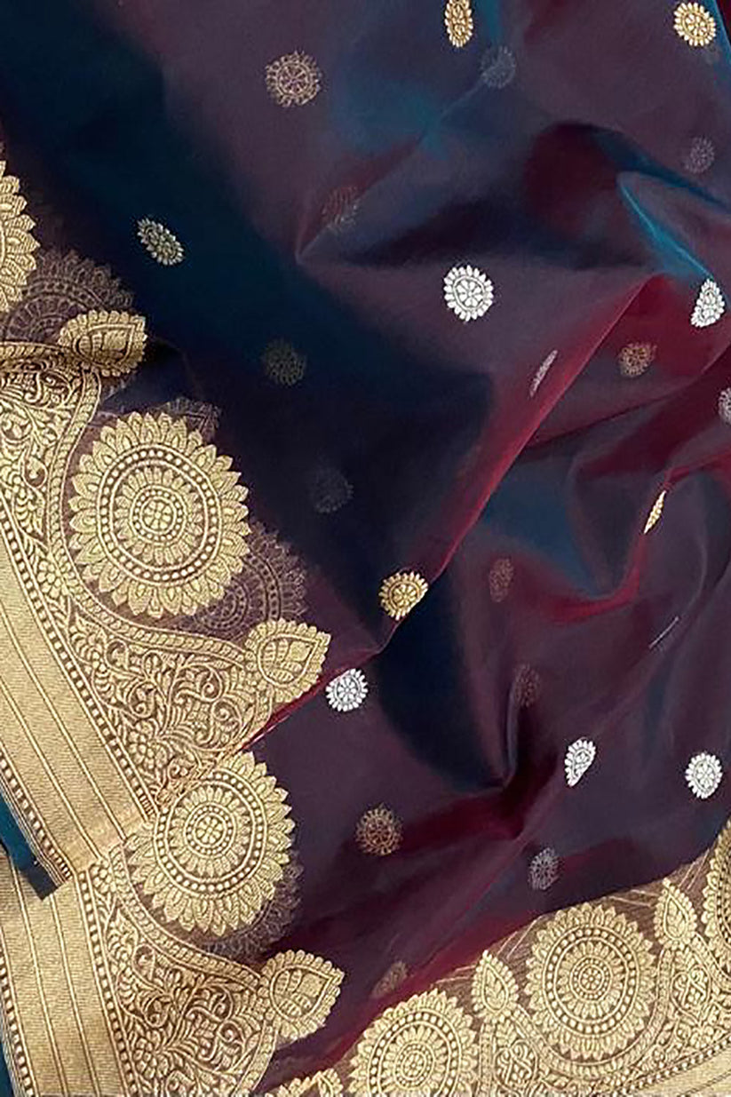 Maroon Banarasi Handloom Kora Silk Saree - Luxurionworld