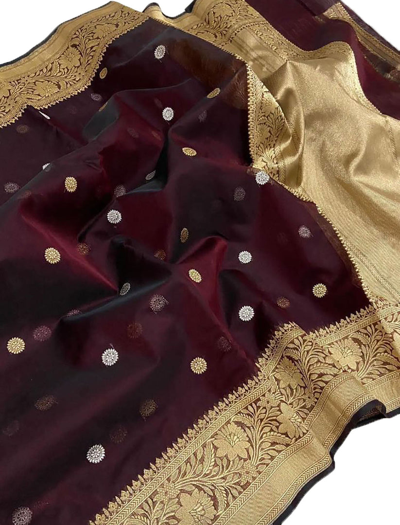 Maroon Banarasi Handloom Kora Silk Saree - Luxurionworld