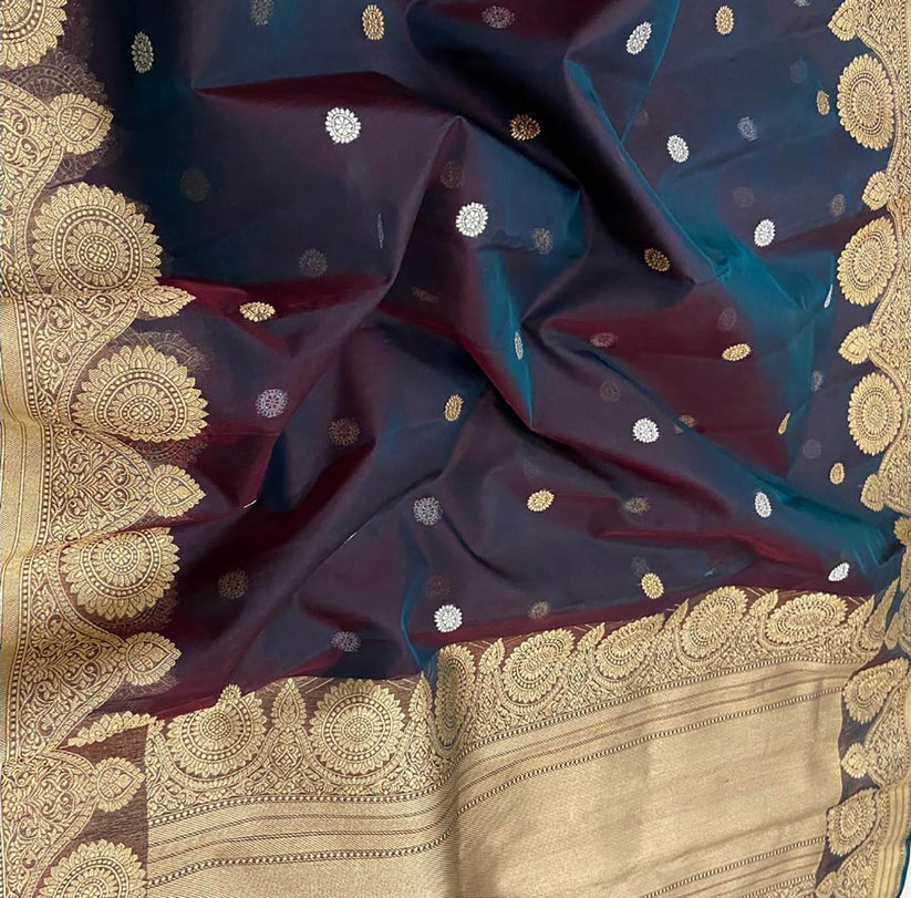 Maroon Banarasi Handloom Kora Silk Saree - Luxurionworld