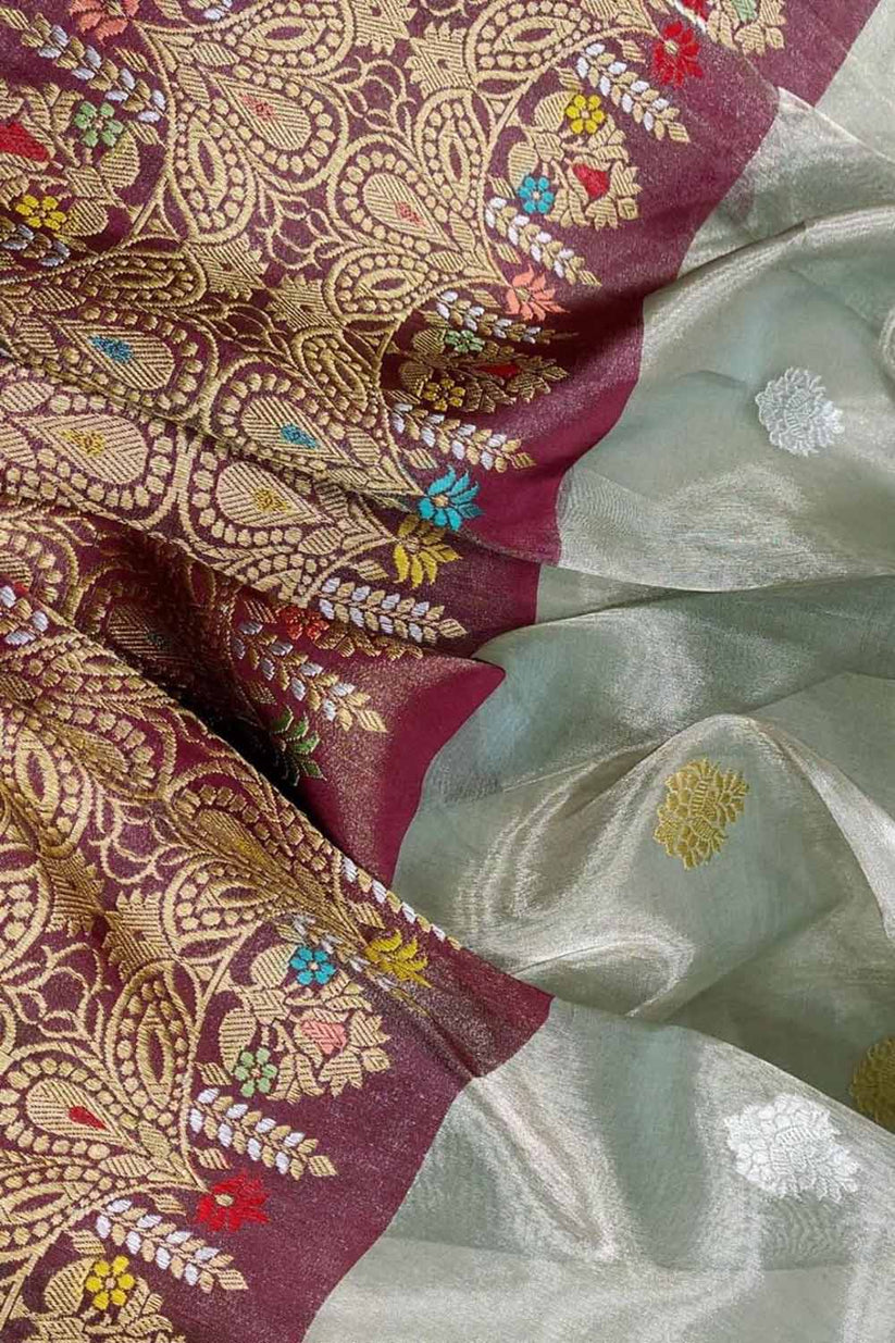 20% Off Pastel Banarasi Handloom Pure Kora Tissue Silk Meenakari Saree