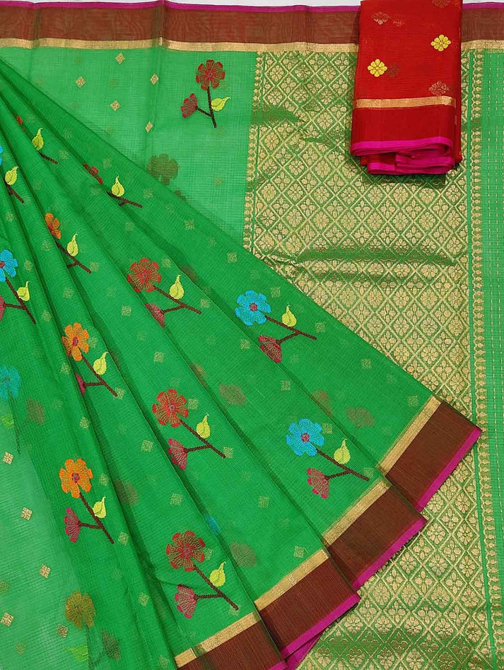 Stunning Green Handloom Kota Doria Flower Saree - Shop Now!