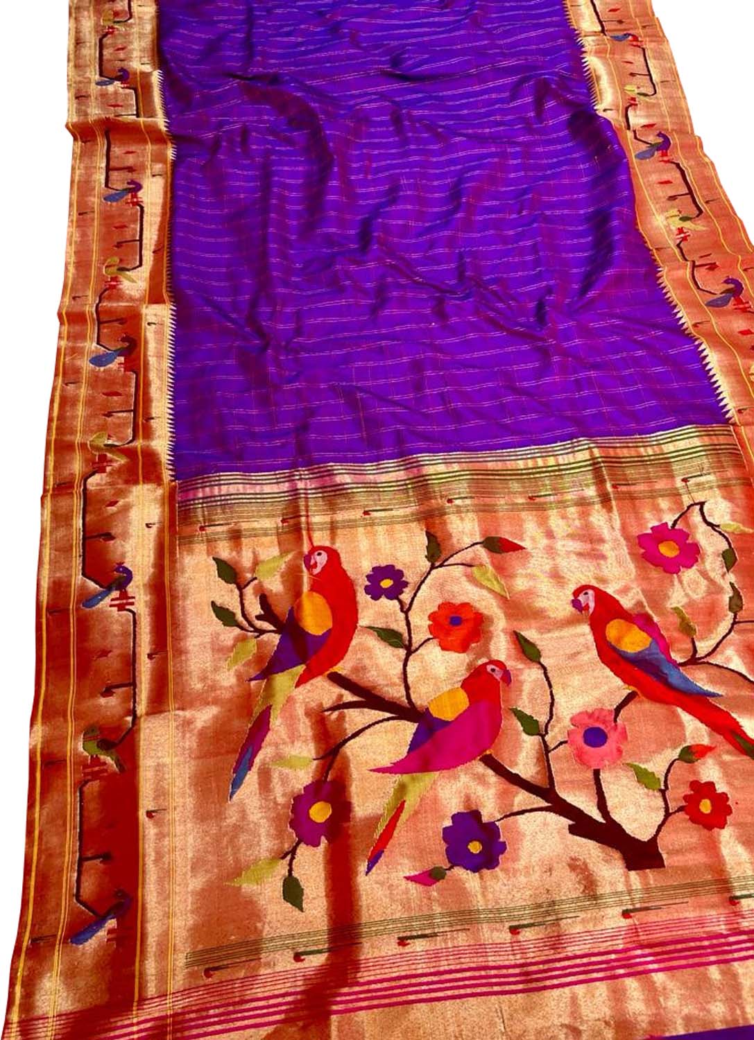 Exquisite Purple Paithani Handloom Silk Saree with Peacock & Parrot Design