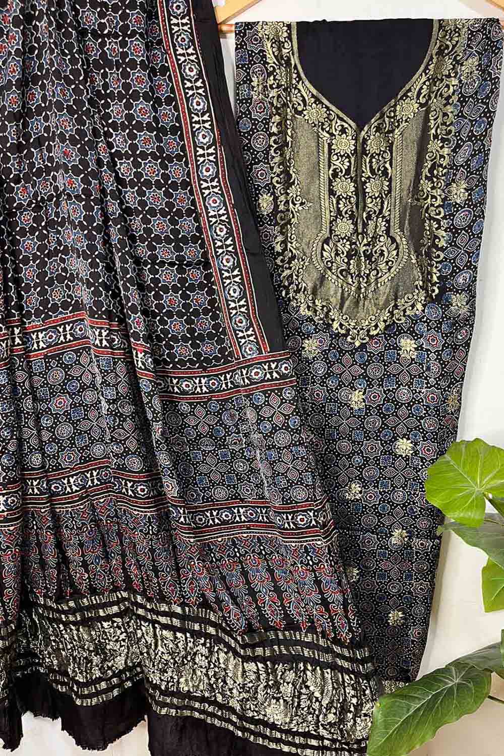 20% Off: Black Ajrakh Block Printed Modal Silk Suit