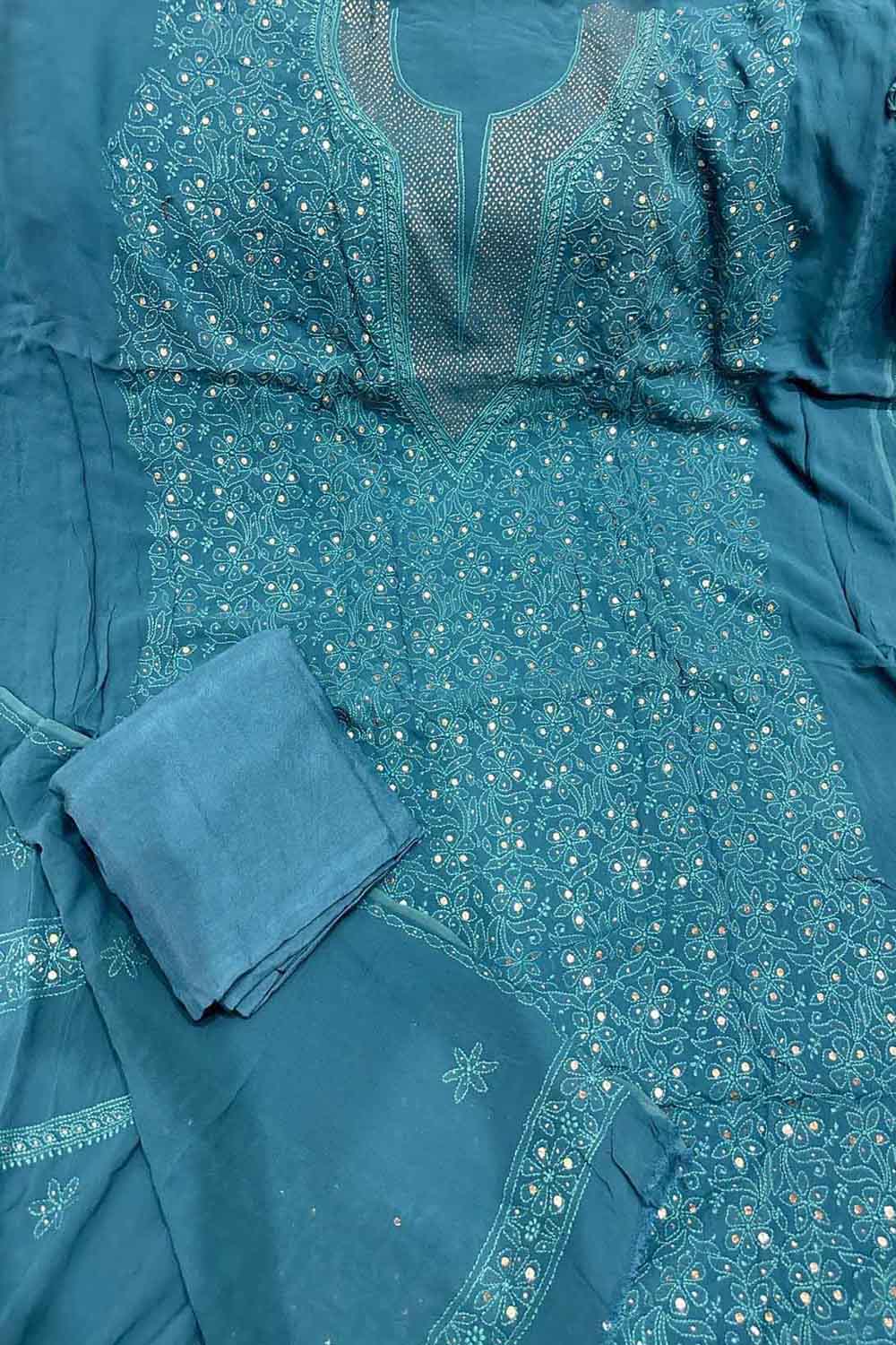 Blue Chikankari Hand Embroidered Mukaish Work Georgette Suit - 20% Off