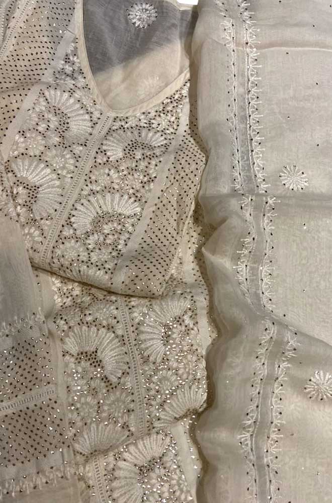 Dyeable Chikankari Chanderi Silk Suit Set with Mukaish Work
