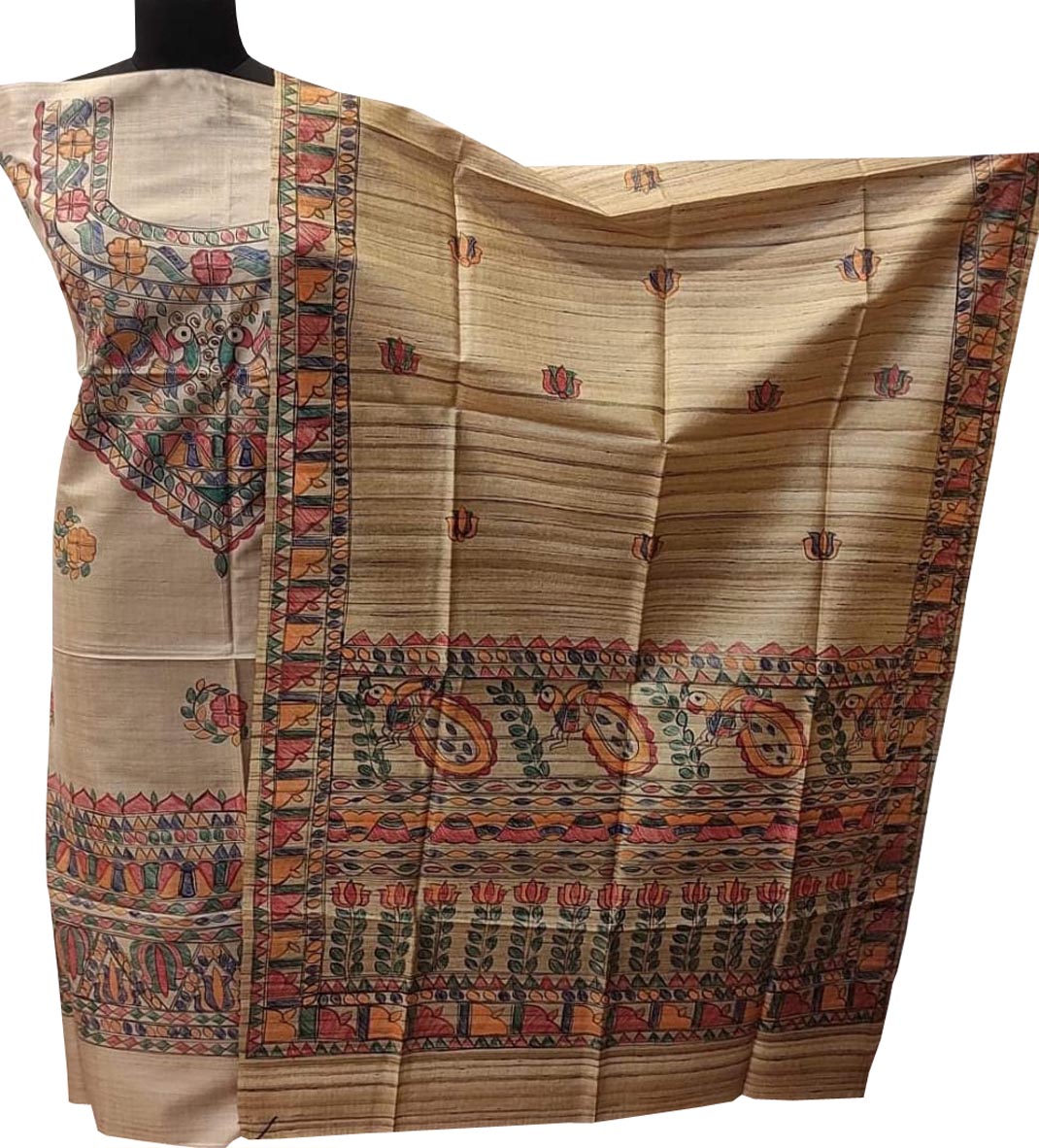 Pastel Madhubani Hand Painted Tussar Ghicha Suit Set