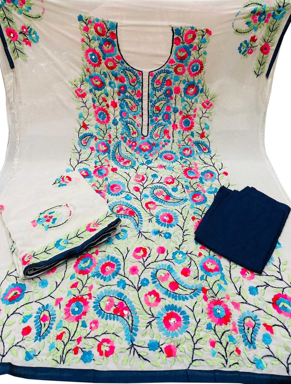 Stunning Hand Embroidered Off White & Blue Phulkari Georgette Suit Set