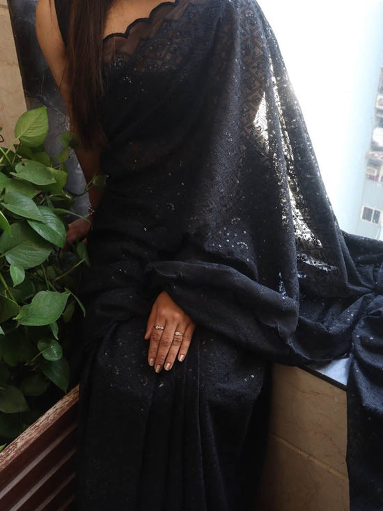 Black Embroidered Chikankari Georgette Sequins Work Saree - Luxurionworld
