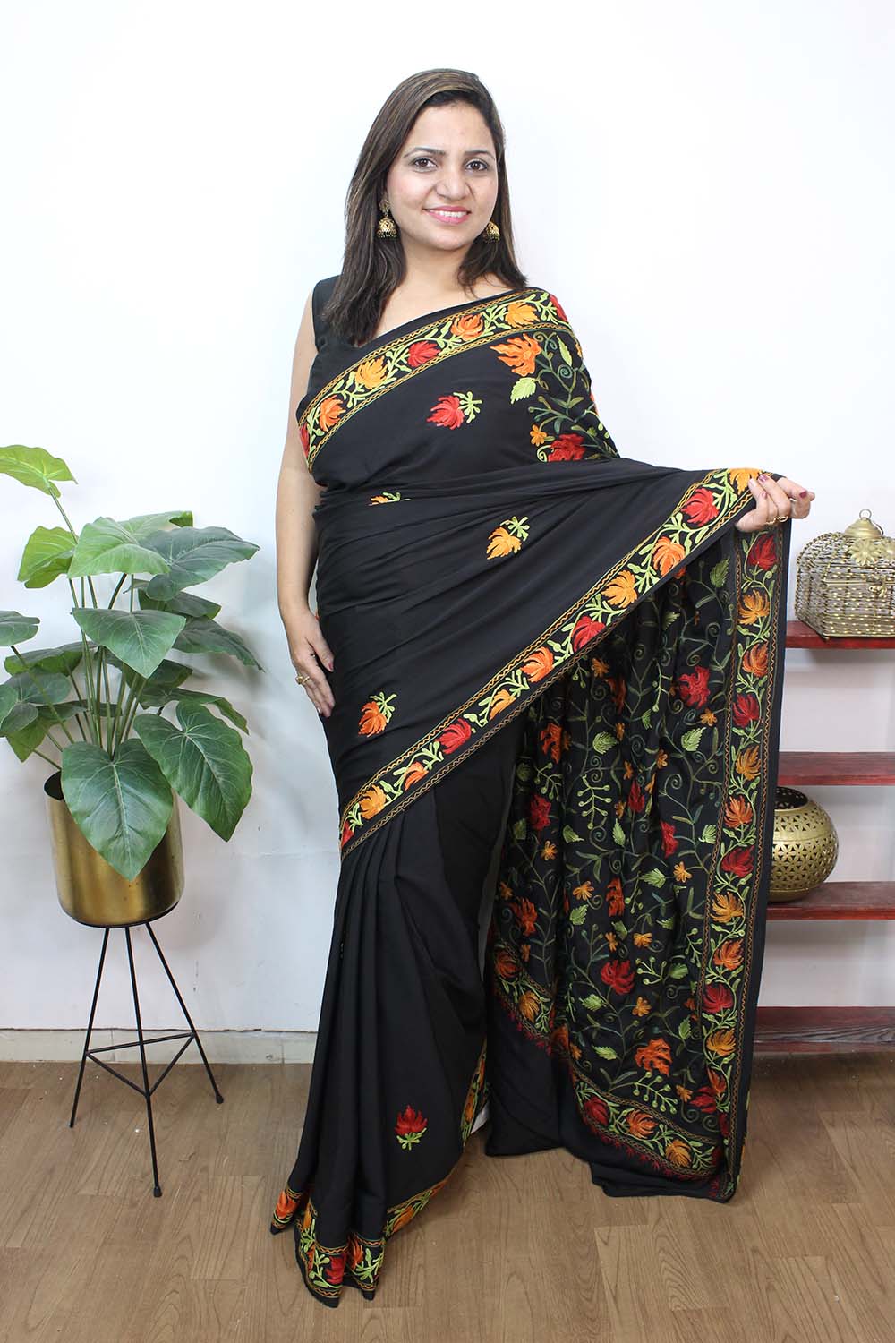 Black Embroidered Kashmiri Crepe Aari Work Saree - Luxurionworld