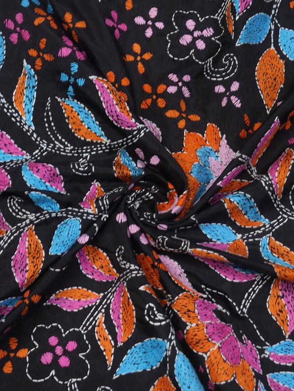 Exquisite Black Hand Embroidered Kantha Silk Fabric: 1 Mtr