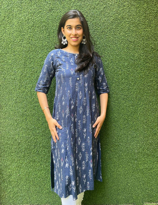 Shop the Stylish Blue A-line Cotton Block Printed Kurti