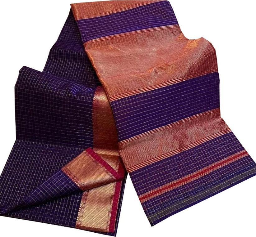 Blue Handloom Checks Maheshwari Cotton Silk Saree - Luxurionworld