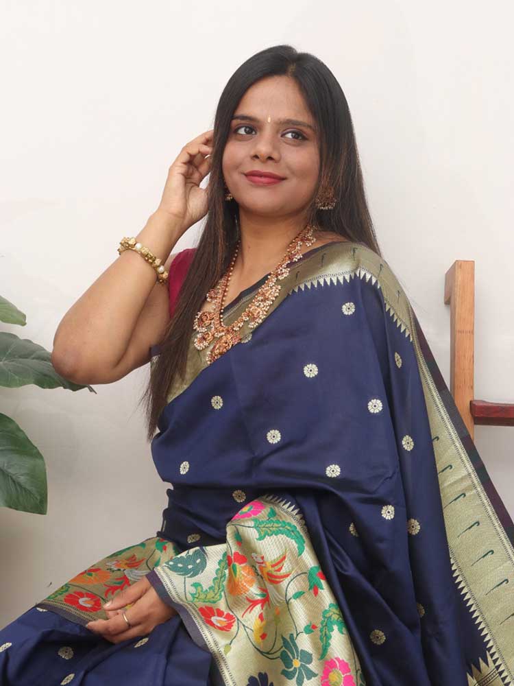 Stunning Blue Paithani Silk Saree with Bird & Flower Design