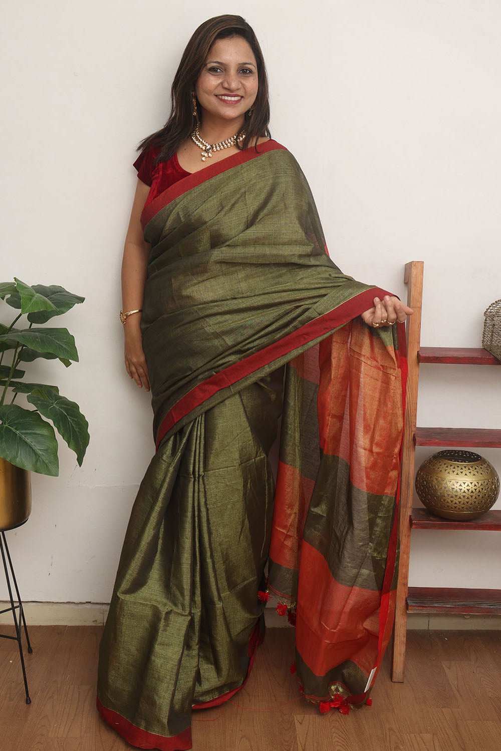 Green Bengal Tissue Saree - Handwoven Cotton