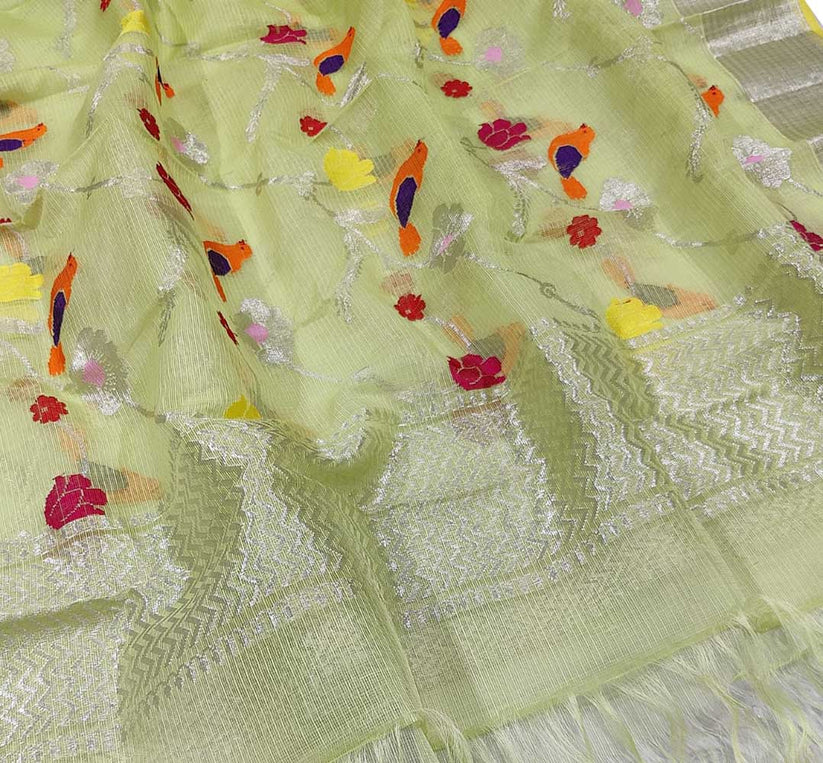 Green Handloom Kota Doria Real Zari Dupatta - Bird & Floral Design